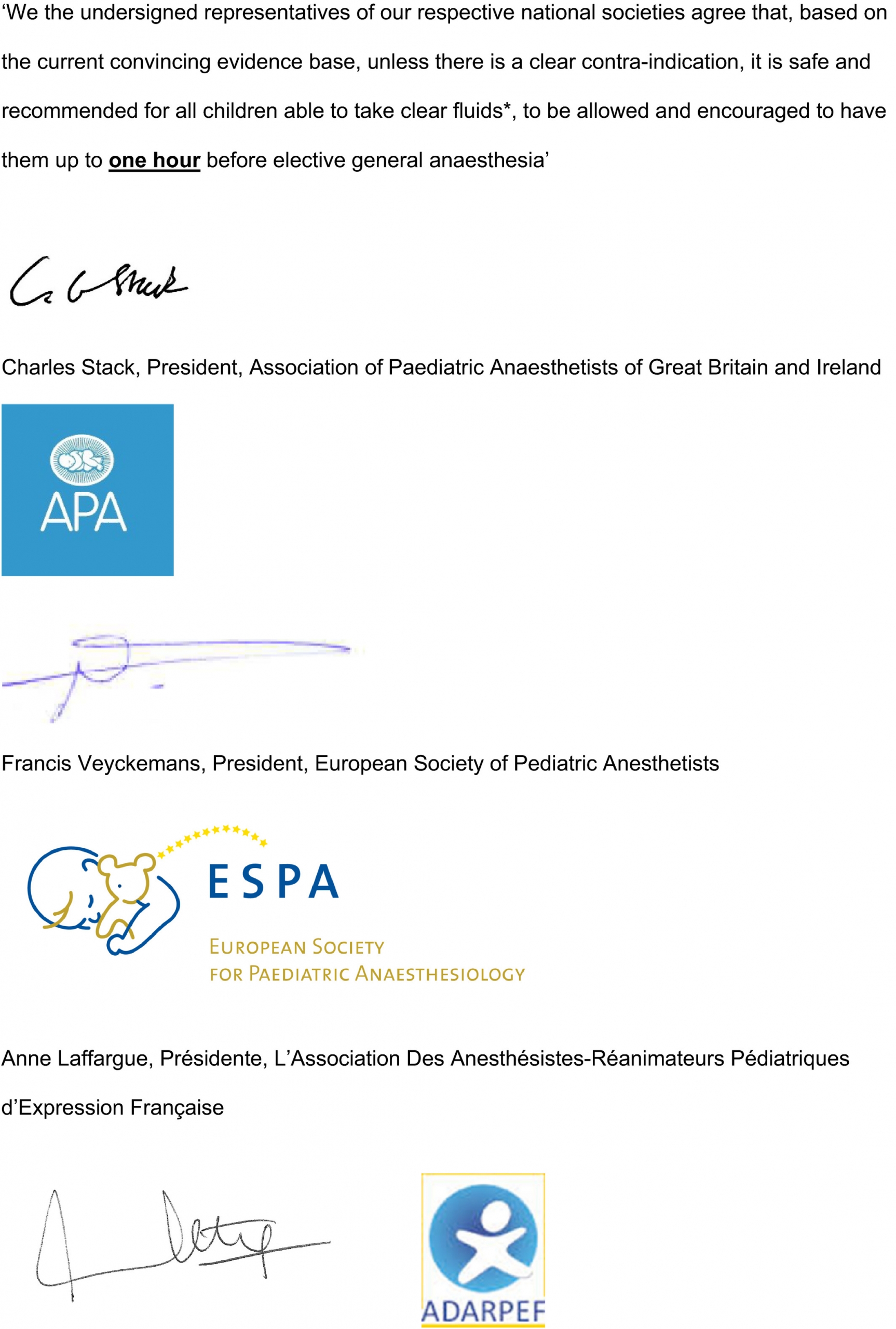 Signatures supporting consensus statement
